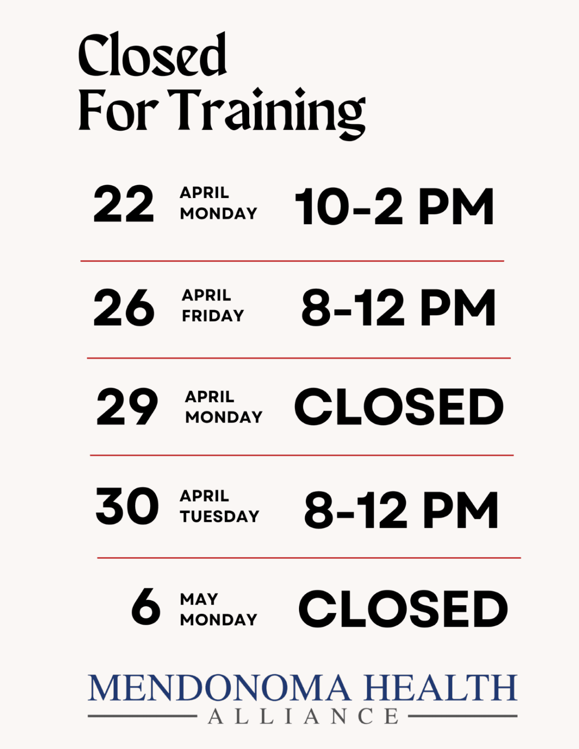 Office Closed For Training - Mendonoma Health Alliance